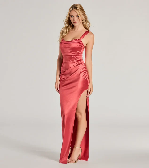 LD square neckline off shoulder sleeveless backless side slit and floo ...