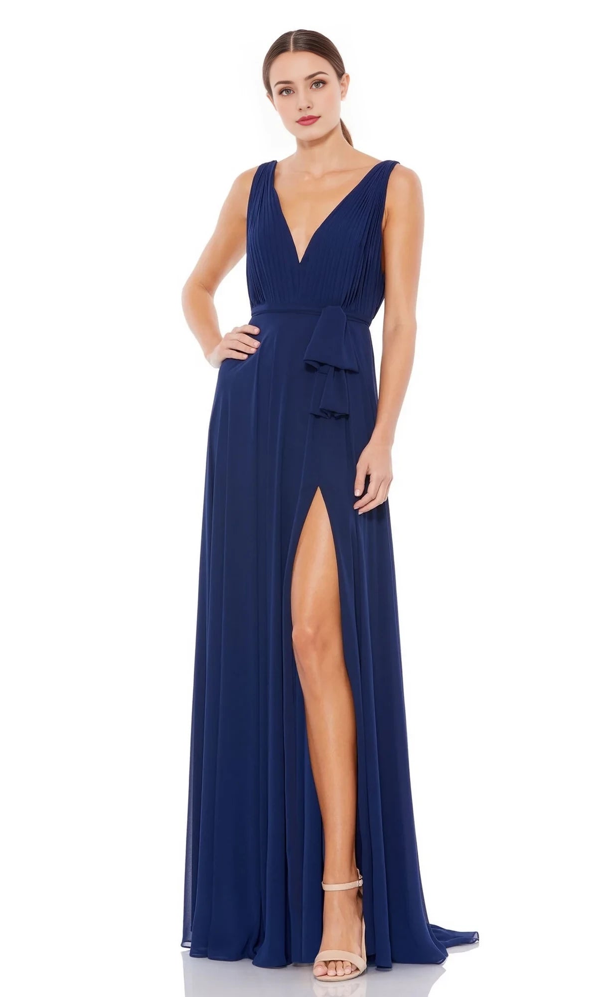 A-line V-neck off shoulder sleeveless backless side slit and floor len ...