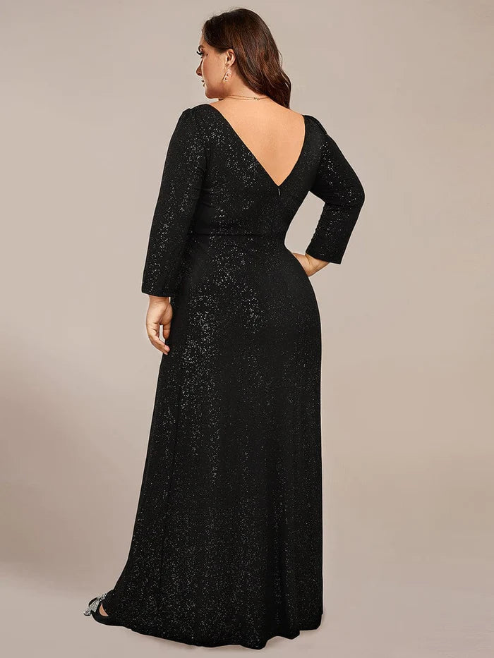 Plus Size Sparkling Long Sleeves Double V-Neck Sequin Evening Dress ...