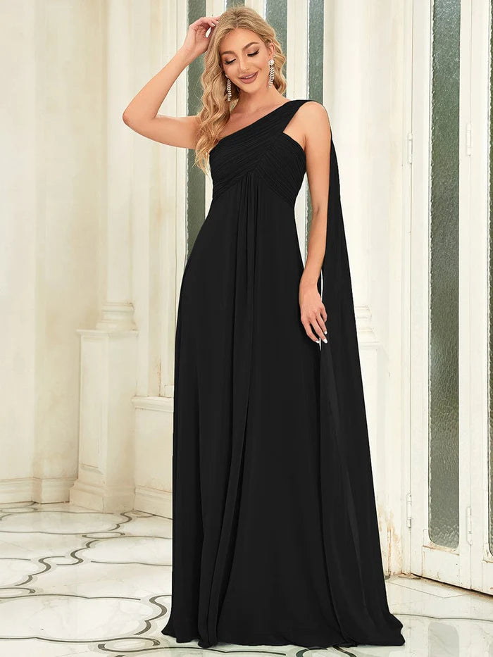Pleated One Shoulder Long Chiffon Formal Evening Dress – LD Dress
