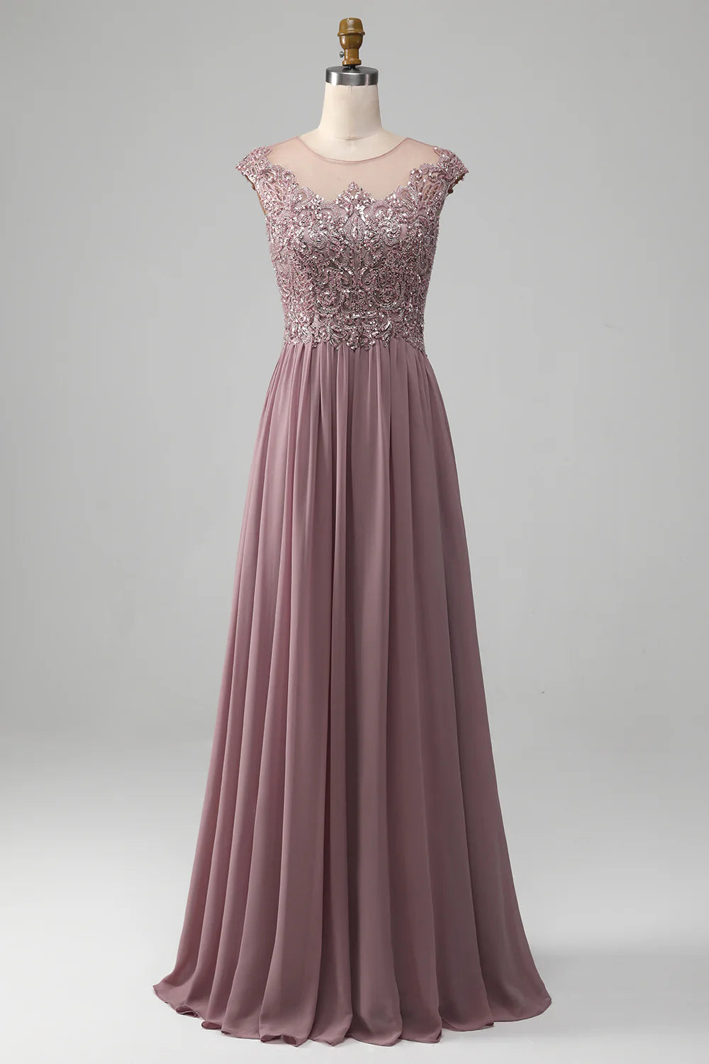 Shining Twilight A-line Round Neck Glitter Chiffon Floor Down Dress ...