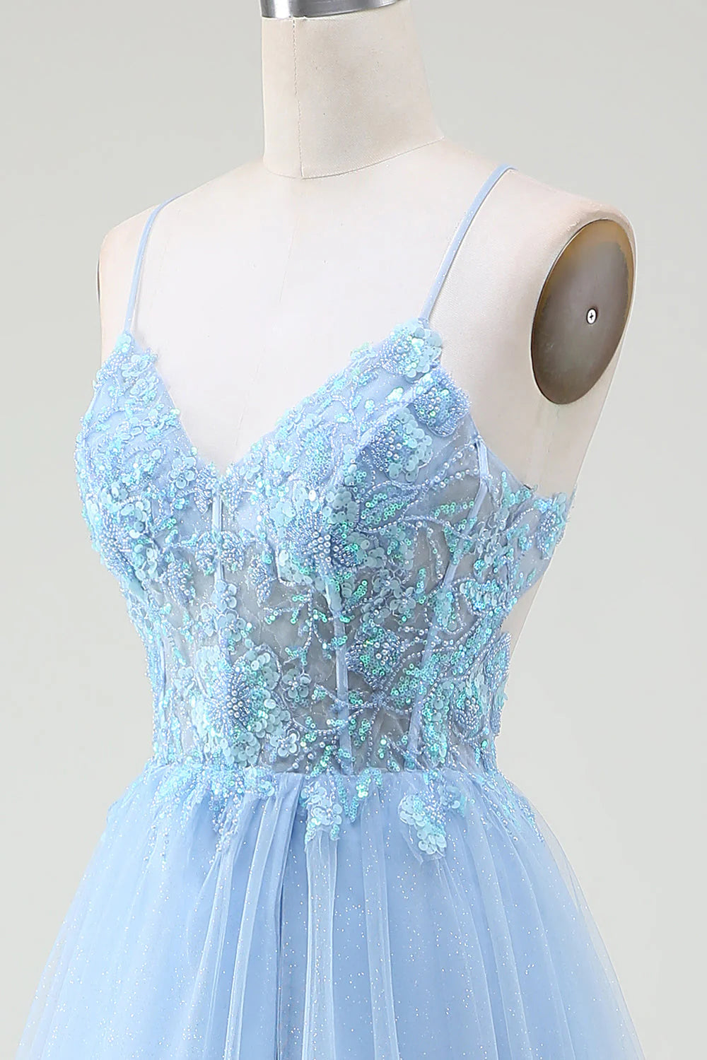 Light blue beaded thin shoulder strap backless tight corset prom dress ...