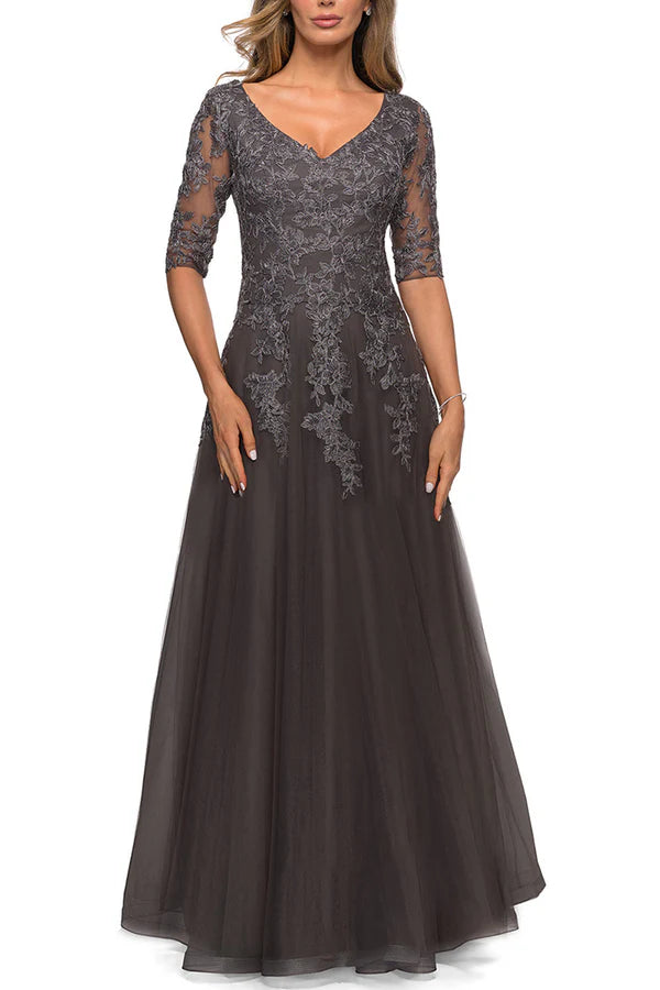 A-line V-neck lace decal 3/4 sleeve elegant mother of the bride dress ...