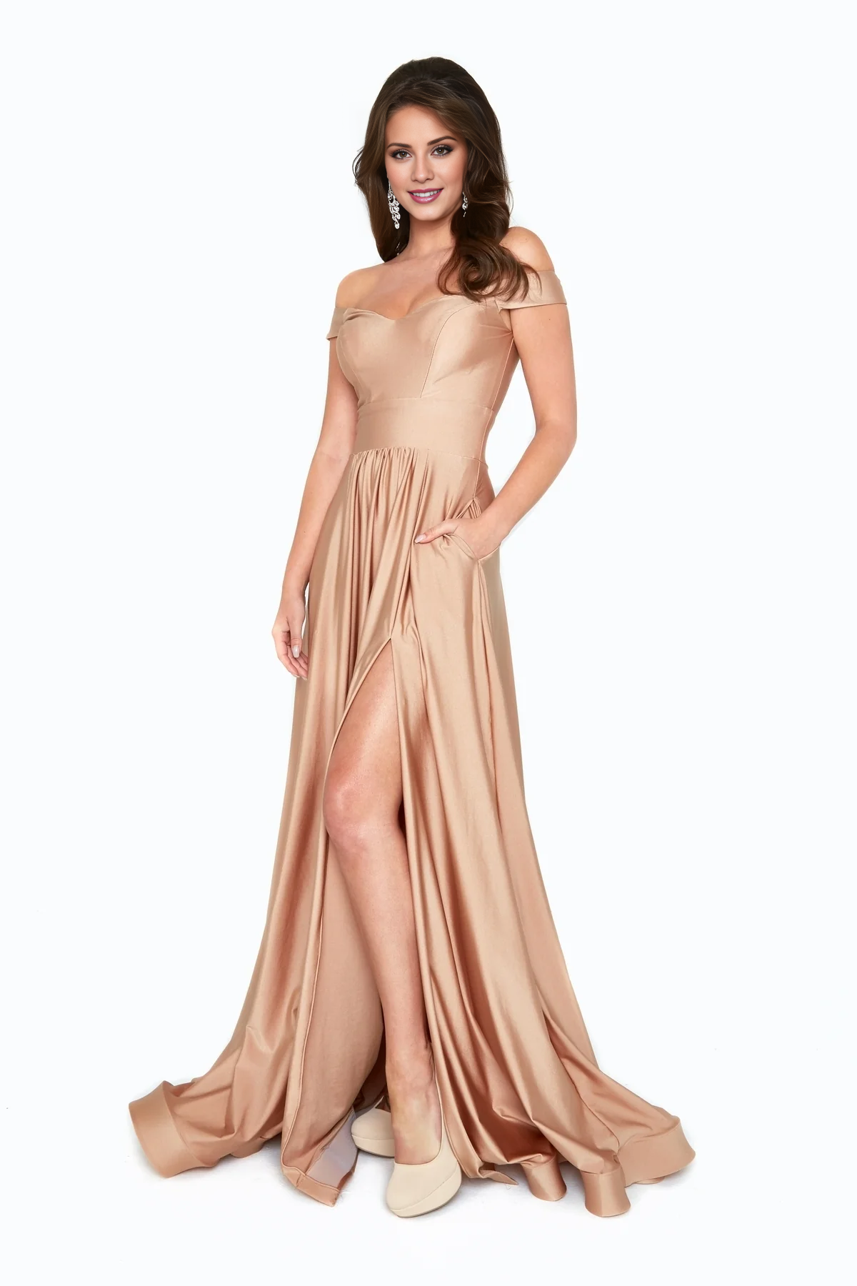 Off shoulder collar sleeveless backless side slit and floor length eve ...