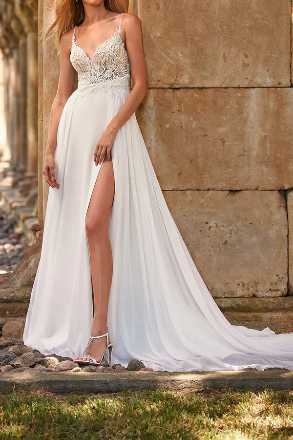 A-line illusion V-neck lace decal bohemian style slit wedding dress ...