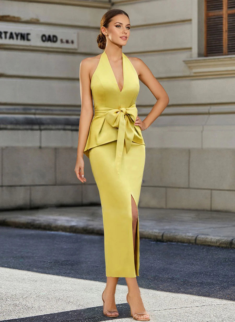 Bow wrap/column neck hanging mother of the bride dress – LD Dress
