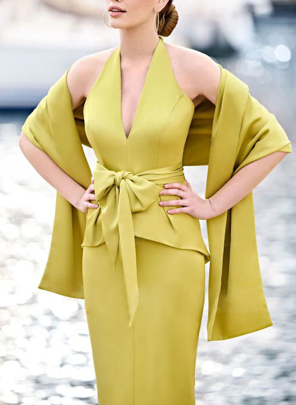 Bow wrap/column neck hanging mother of the bride dress – LD Dress