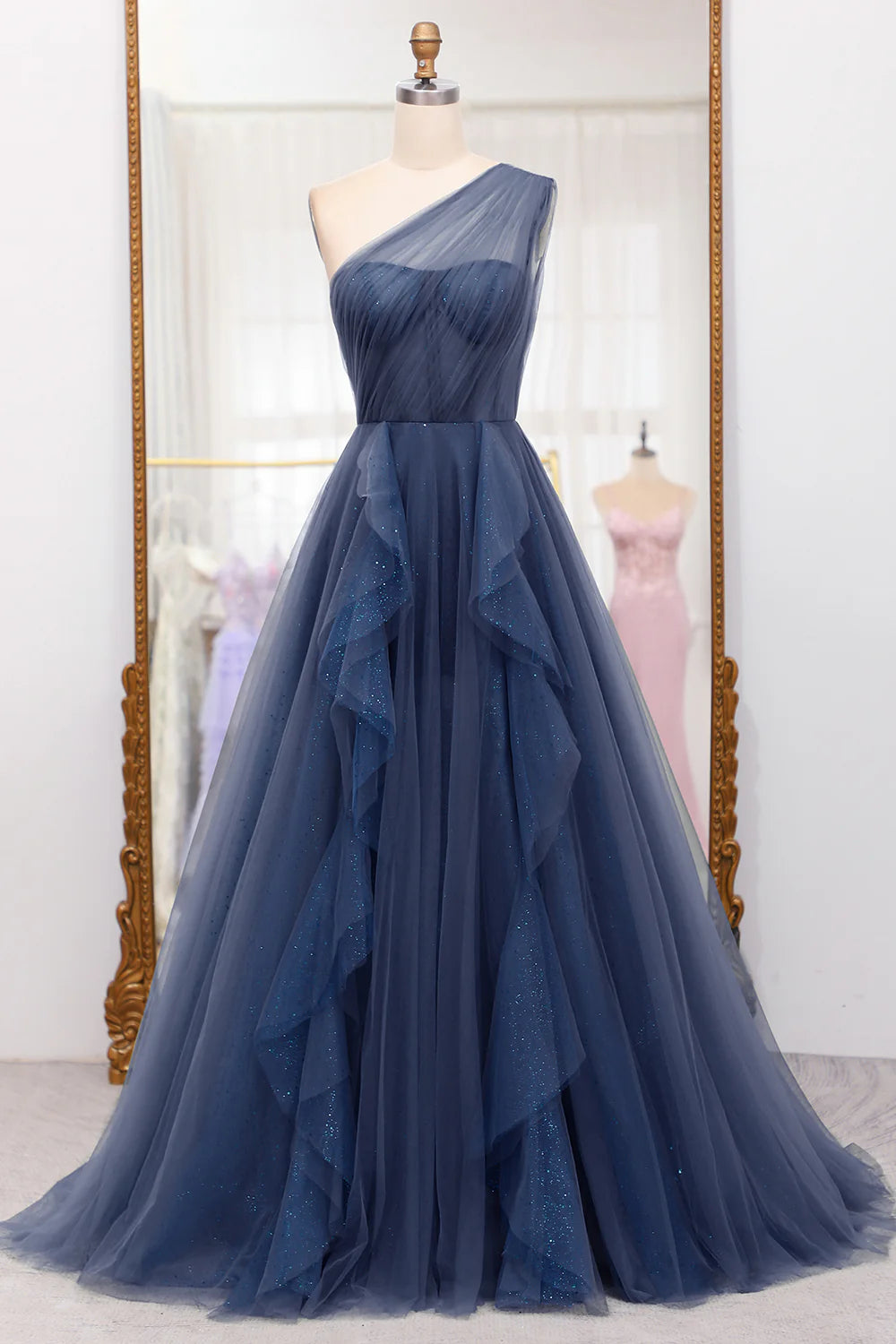 Navy blue sheer A-line shoulder length prom dress – LD Dress