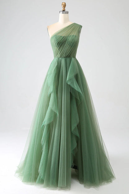 Deep green sheer A-shaped shoulder length prom dress – LD Dress