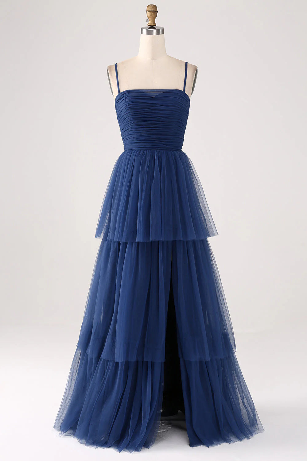 A Line thin shoulder strap layered sheer pleated slit prom dress – LD Dress