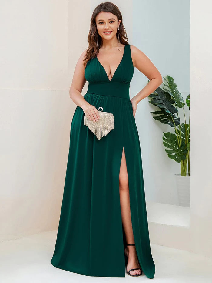 Plus Size Sleeveless V-Neck Empire Waist High Slit Floor-Length Evenin ...