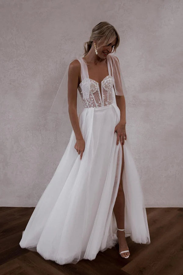 A-line illusion V-neck lace decal bohemian style slit wedding dress ...